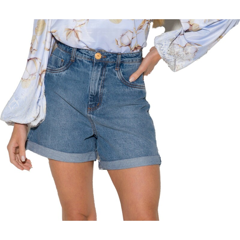Bermuda Jeans Onça Preta Dobrada In24 Azul Feminino