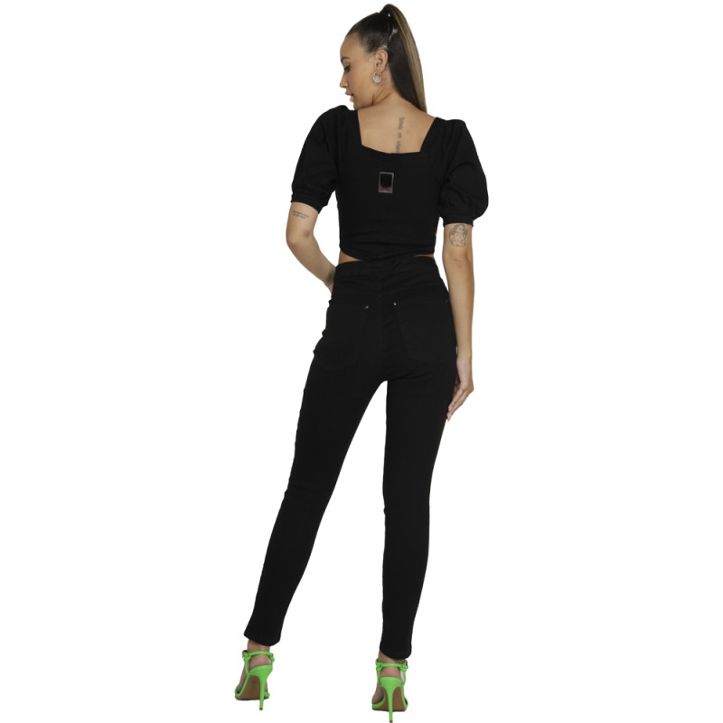 Macacao Jeans Onça Preta Cutof V23 Preto Feminino